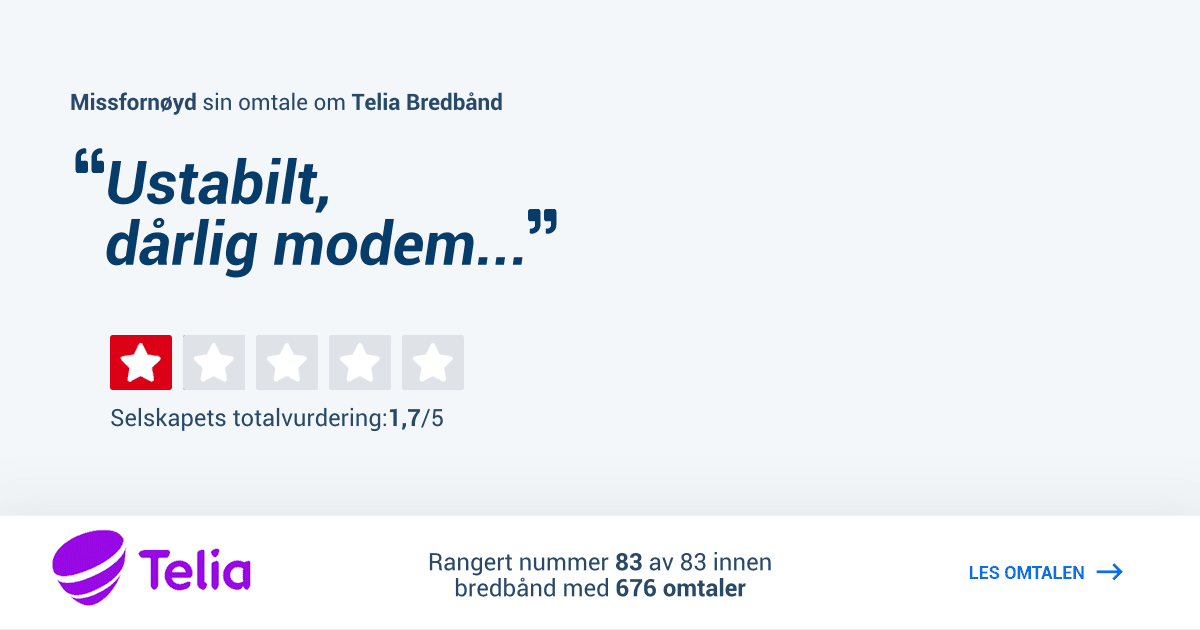 Telia Bredbånd: Ustabilt, dårlig modem og software. - Omtale av Missfornøyd