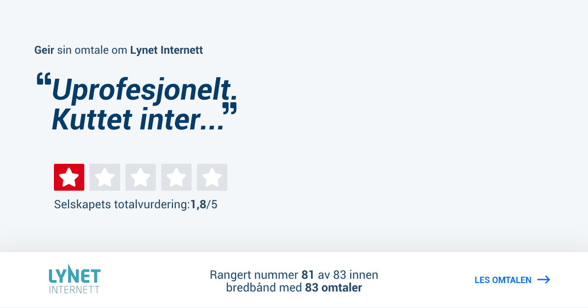 Lynet Internett: Uprofesjonelt. Kuttet internett på dagen uten ...